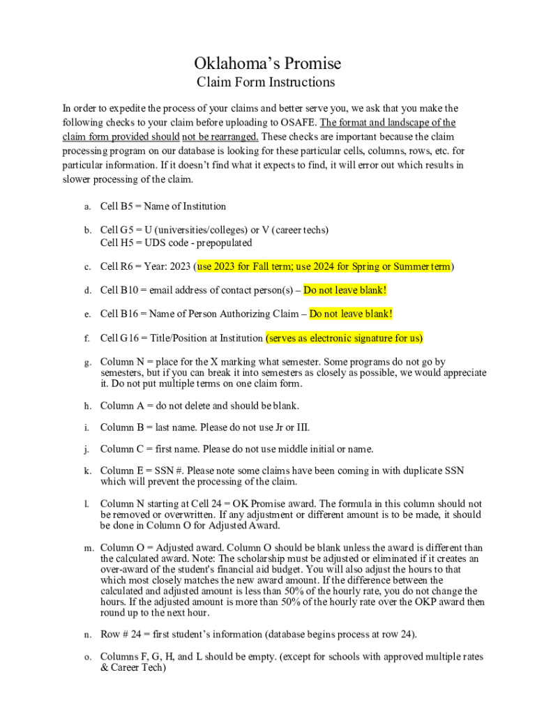 Fillable Online Oklahoma's Promise Claim Form Instructions Fax Email ...