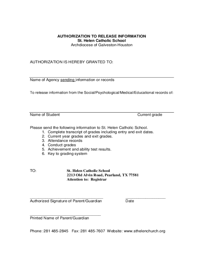 Fillable Online AOC Grade School Release of Records Authorization - 22 ...