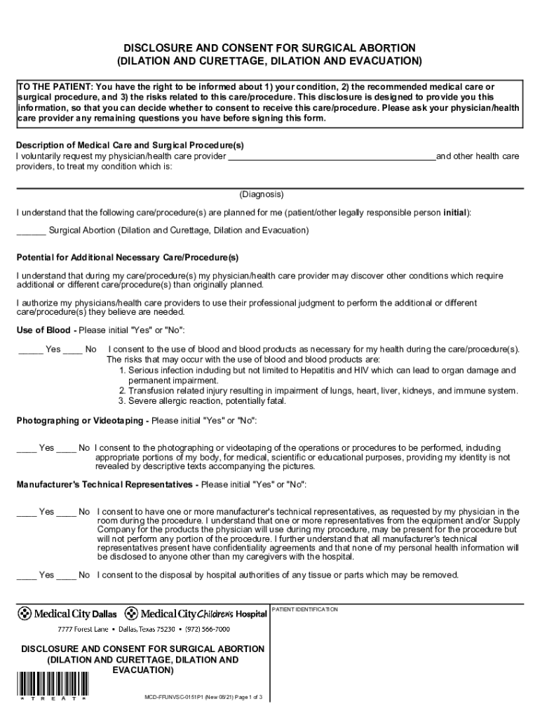 Fillable Online Disclosure and Consent for Surgical Abortion (Dilation ...