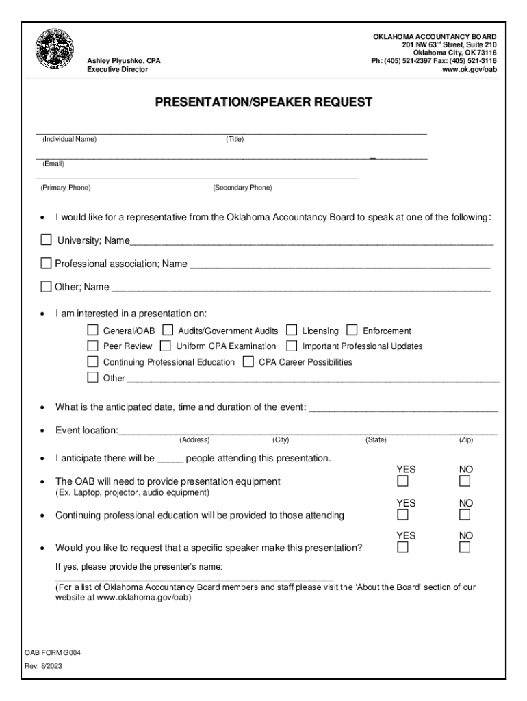 Fillable Online OAB FORM G004. Presentation/Speaker Request Form Fax Email Print - pdfFiller