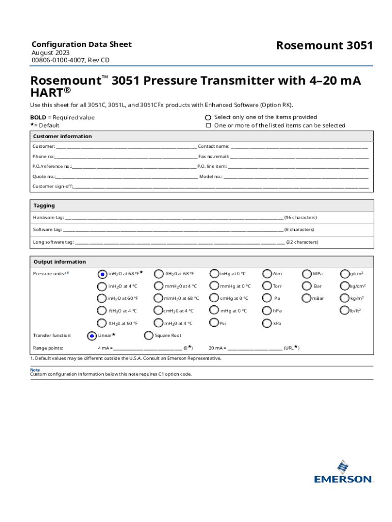 Fillable Online Configuration Data Sheet: Rosemount 3051 Pressure ...