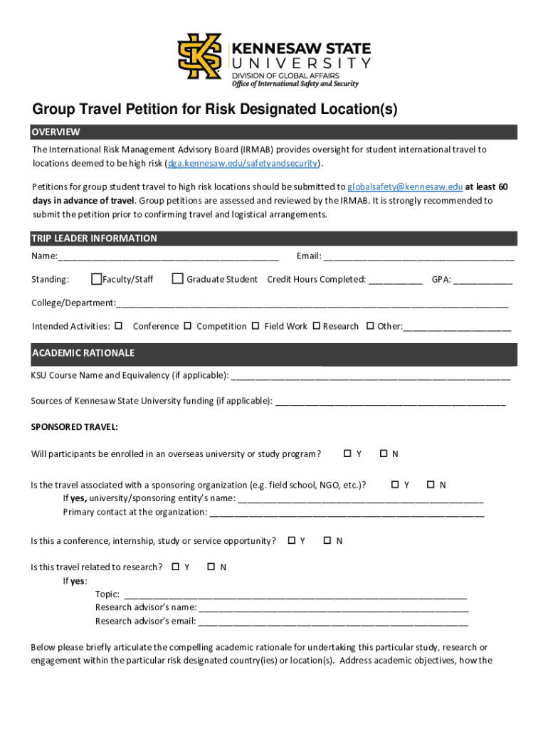 Fillable Online Group Travel Petition for Risk Designated Location(s ...
