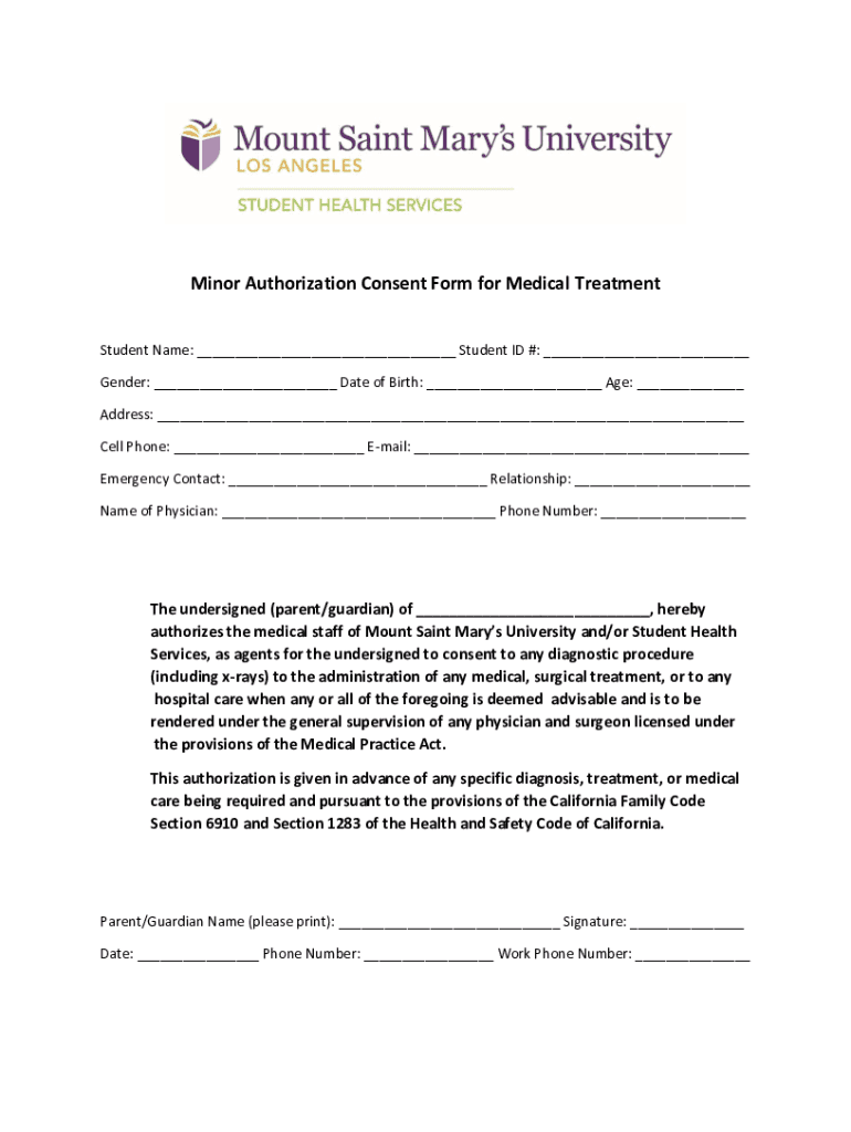 Fillable Online Minor's Authorization Consent Form for Medical ... Fax Email Print - pdfFiller