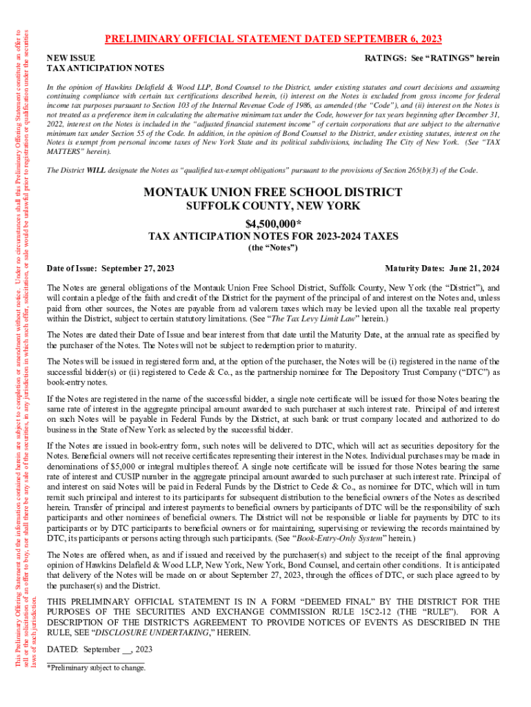Fillable Online PRELIMINARY OFFICIAL STATEMENT DATED SEPTEMBER 6, 2023 Fax Email Print - pdfFiller