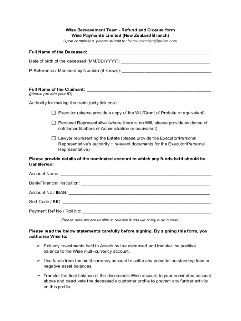 Fillable Online Wise Bereavement Team - Refund and Closure form Wise ...