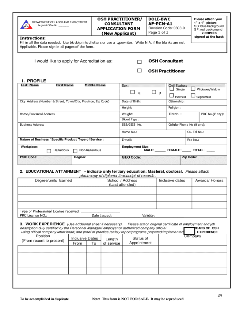 Fillable Online Application form - OSH Practitioner / Consultant - DOLE ...