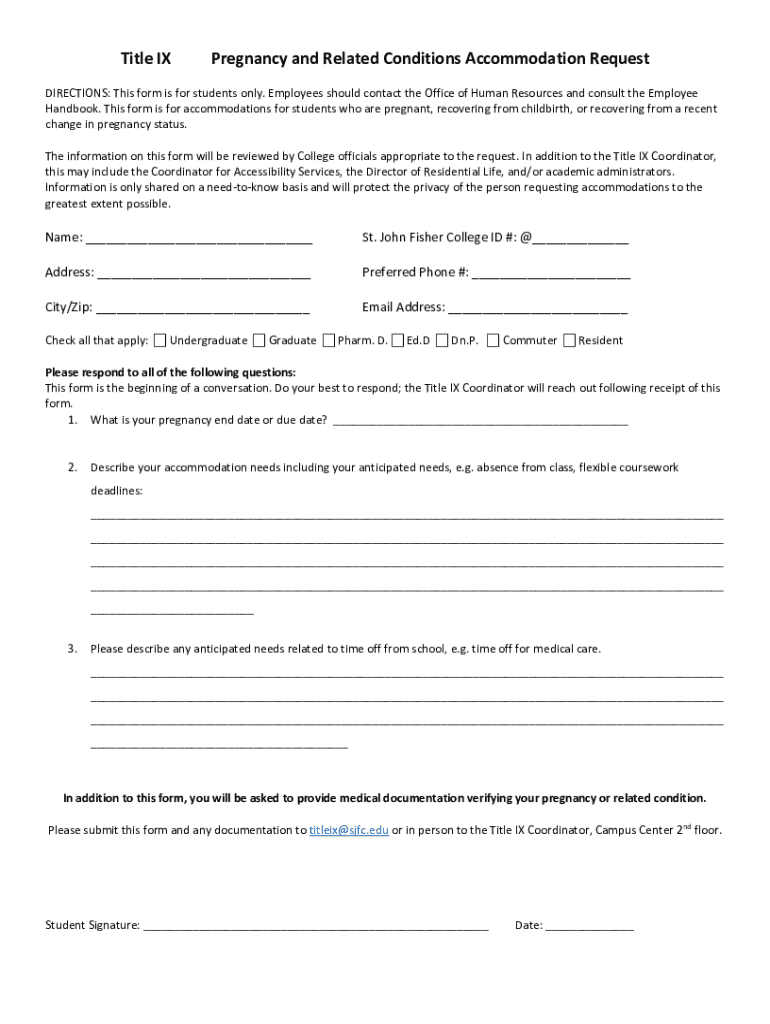 Fillable Online Pregnancy and Related Conditions Accommodation Request ...