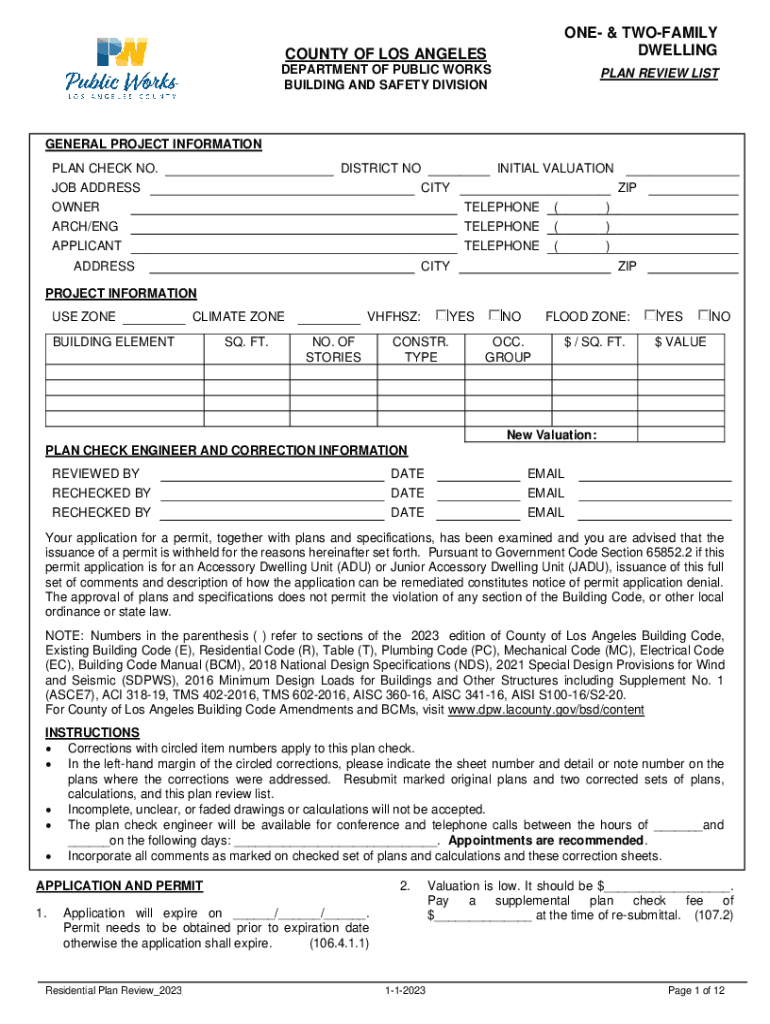 Fillable Online dpw lacounty COUNTY OF LOS ANGELES ONE- & TWO-FAMILY ...