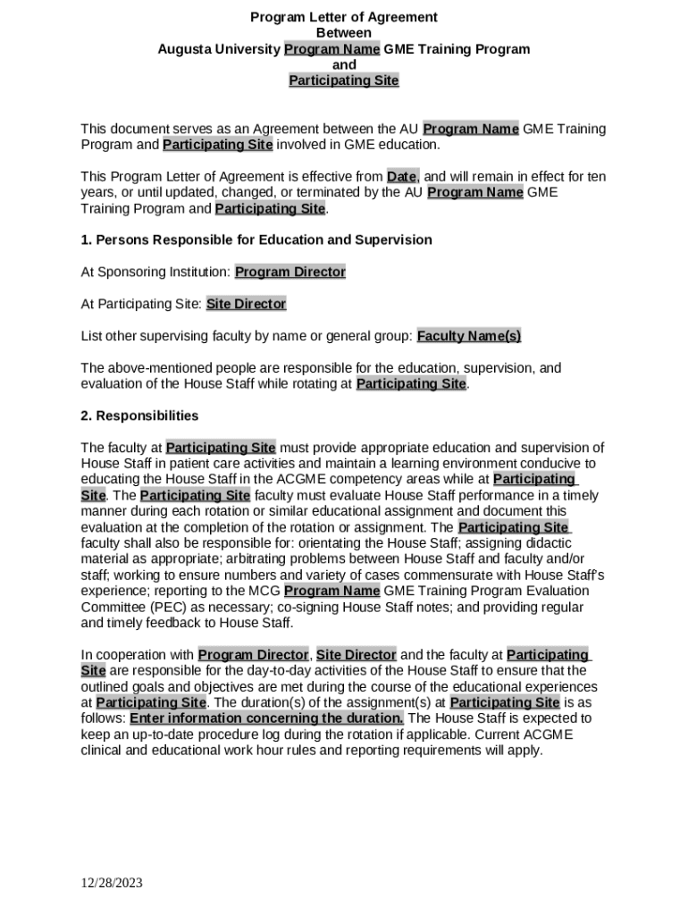 Sample Program Letters of Agreement Doc Template | pdfFiller