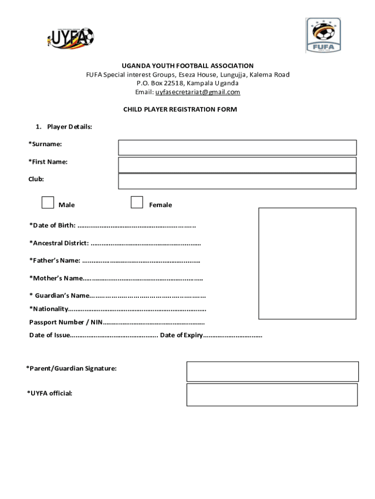 Uganda Youth Football Association Child Player Registration Form ...
