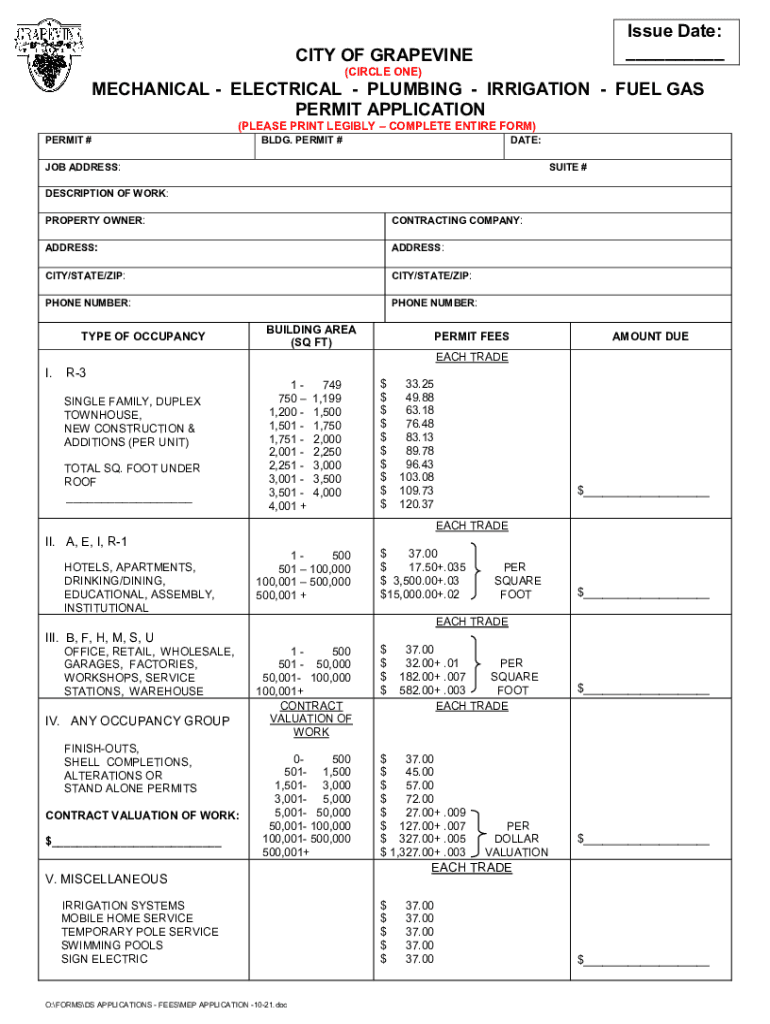 Fillable Online CITY OF GRAPEVINE MECHANICAL - ELECTRICAL - PLUMBING ... Fax Email Print - pdfFiller