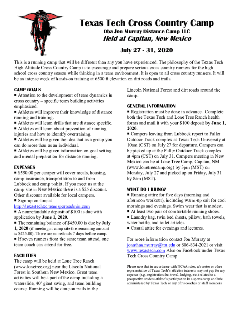 Fillable Online Texas Tech Cross Country - Jon Murray Distance Camp Fax ...