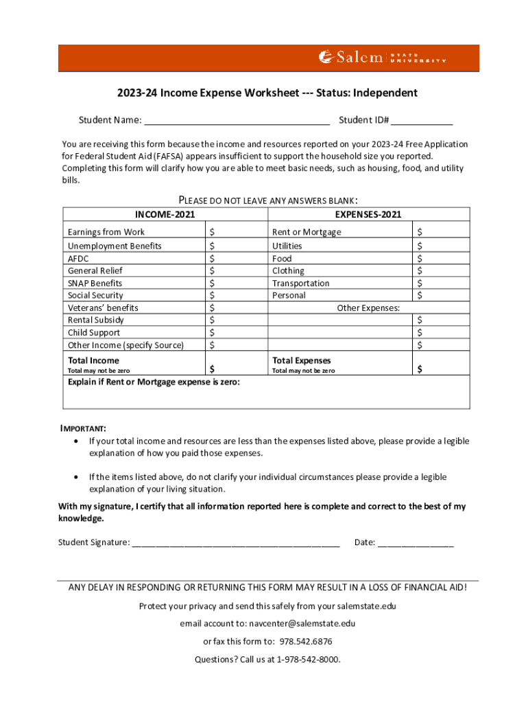 Fillable Online 2023-24 Income Expense Worksheet --- Status ...