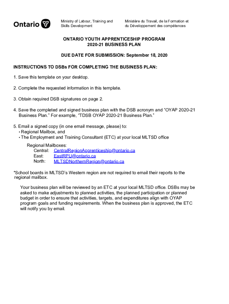 Fillable Online ONTARIO YOUTH APPRENTICESHIP PROGRAM BUSINESS PLAN Fax ...