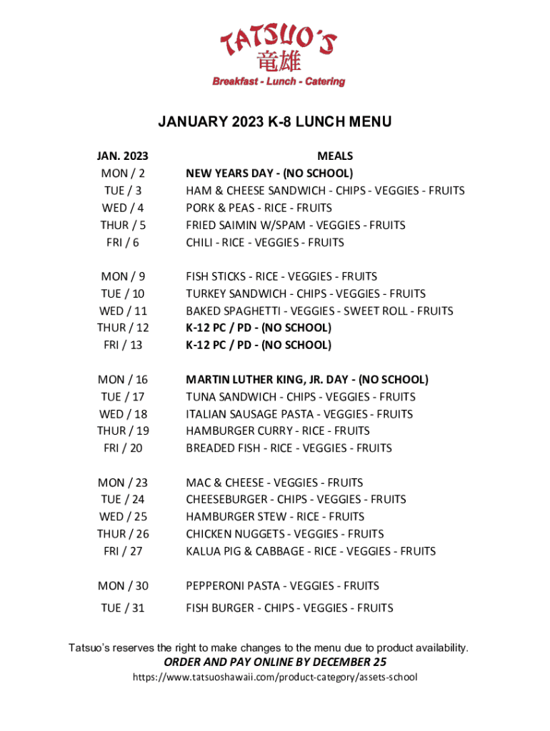 Fillable Online Breakfast and Lunch Menus - Walnut Elementary School ...
