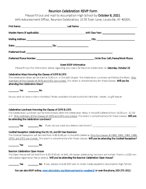 Reunion Celebration RSVP Form | Assumption High School | October 2021 ...