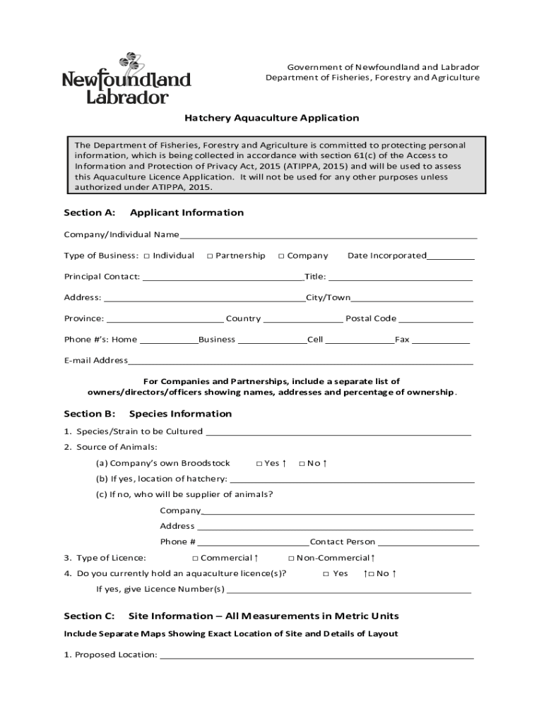 Fillable Online Hatchery Aquaculture Application Section Fax Email ...
