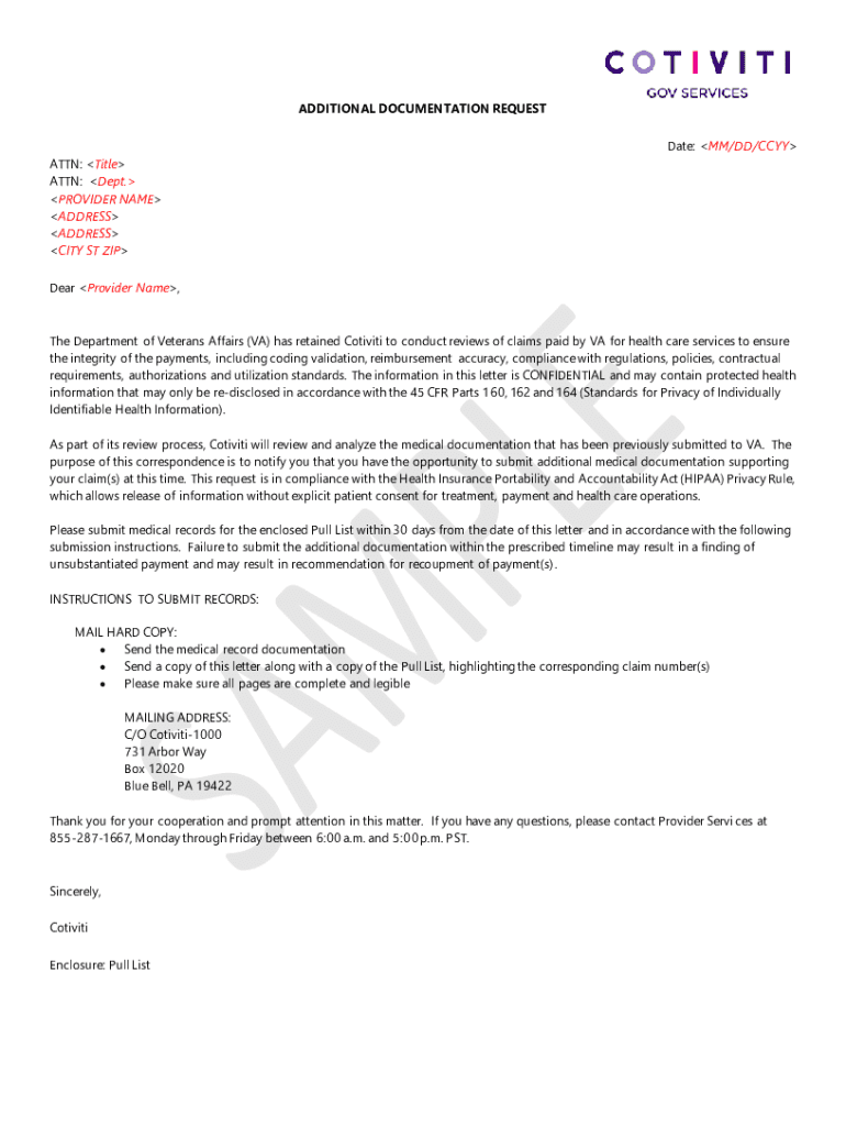 Fillable Online Additional Documentation Request Letter - RAC Info! - Cotiviti Fax Email Print ...
