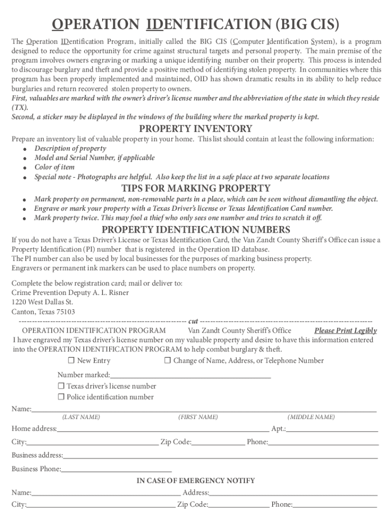 Fillable Online OPERATION IDENTIFICATION (BIG CIS) - Precinct Crime ...