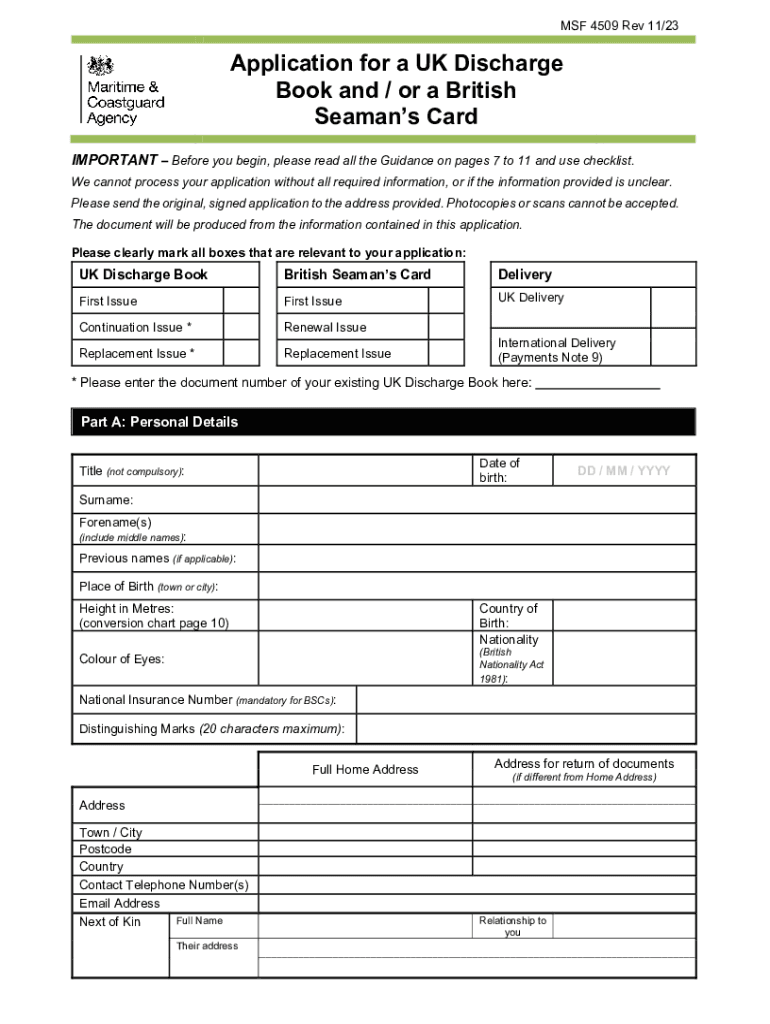 Fillable Online Application for a discharge book, British seaman's card ...