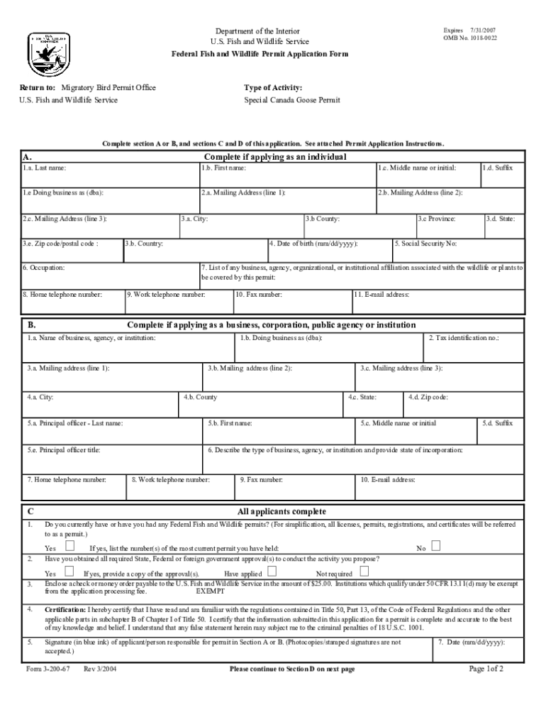 Fillable Online US FWS Form 3-200-67. Special Canada Goose Federal Fish ...