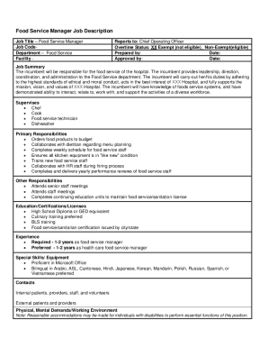 Fillable Online Food Service Manager Job Description Template Fax Email ...