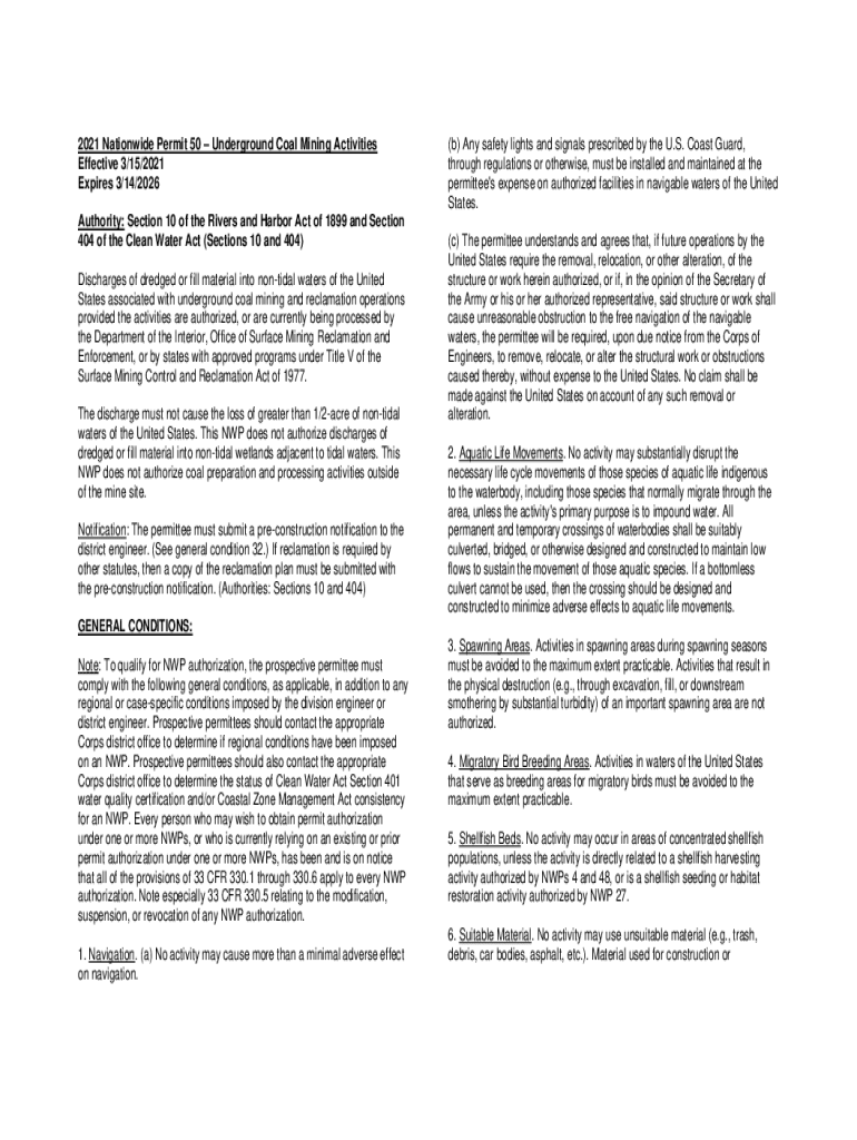 Fillable Online Nationwide Permit 50 Underground Coal Mining Activities ...