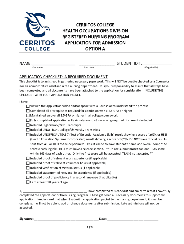 Fillable Online Cerritos College Nursing - Application for Admission Option A. Nursing ...