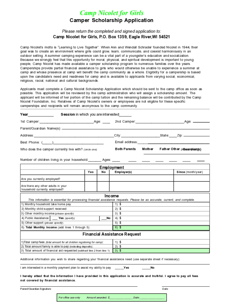 Fillable Online Camp Nicolet for Girls - Camper Scholarship Application ...