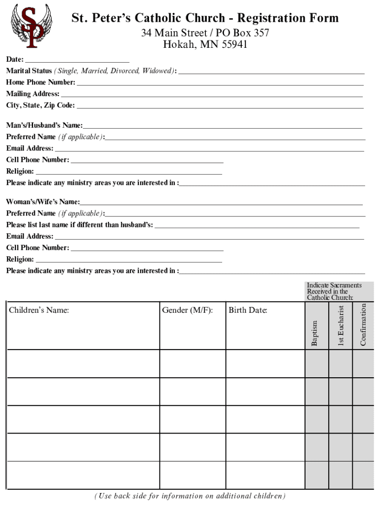Fillable Online St. Peter's Catholic Church - Registration Form Fax ...