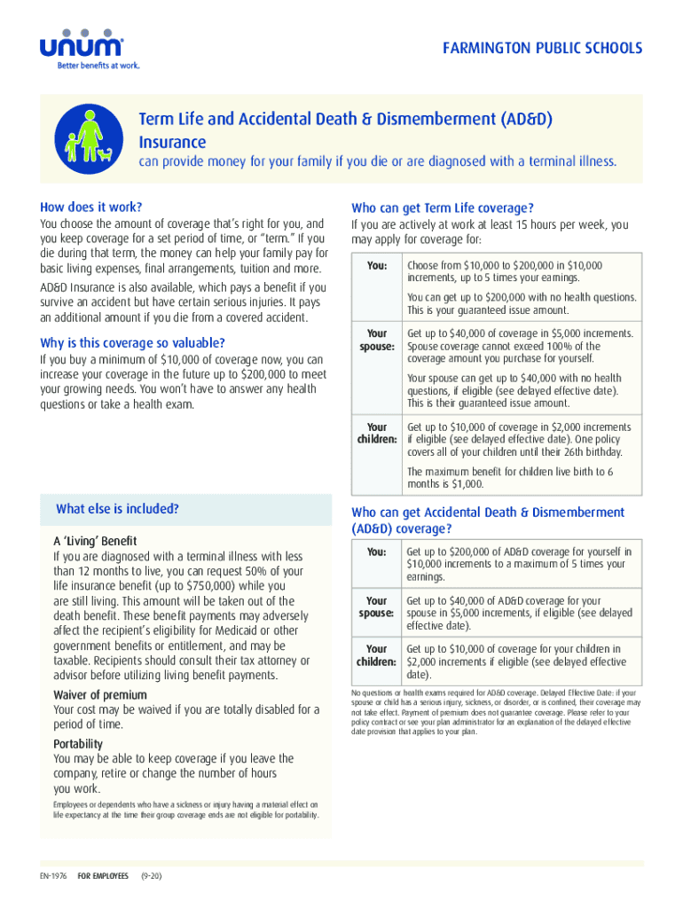 Fillable Online Term Life and AD&D Insurance Enrollment Form - - / / / / , , / ... Fax Email ...