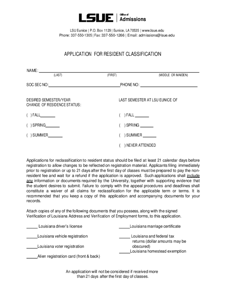 Fillable Online Admissions APPLICATION FOR RESIDENT CLASSIFICATION Fax ...