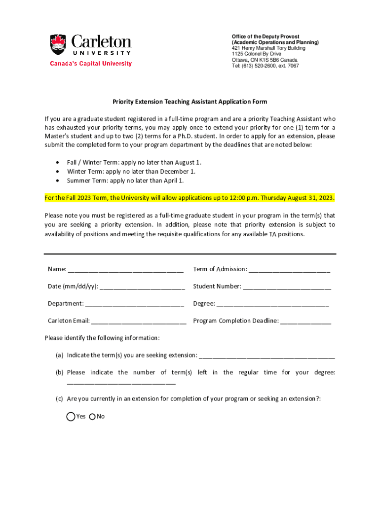 Fillable Online Priority Extension Teaching Assistant Application Form ...