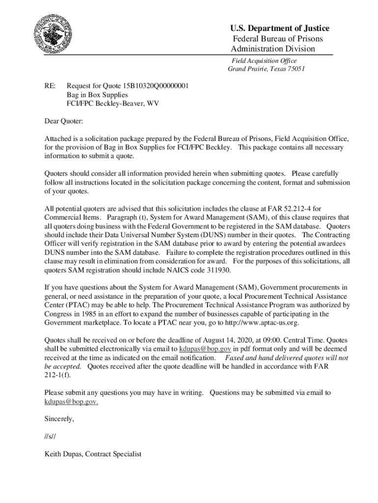 Fillable Online Federal Bureau of Prisons; Field Acquisition Office ...