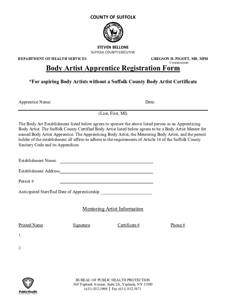 Fillable Online Body Artist Apprentice Registration Form Fax Email ...