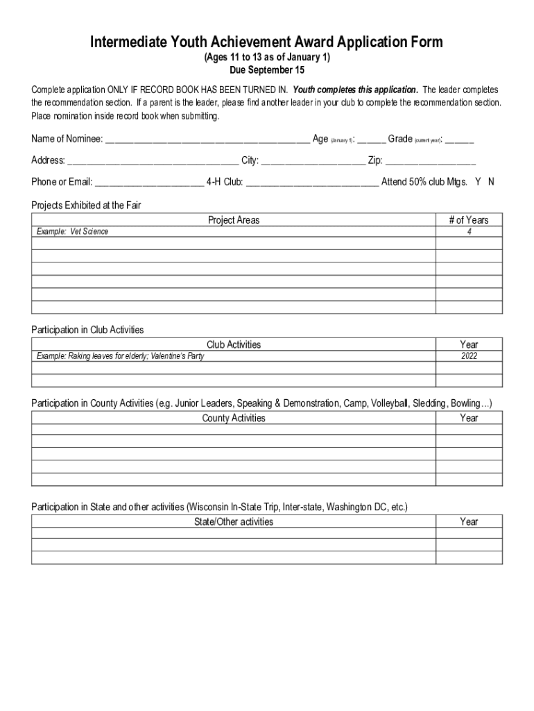 Fillable Online Intermediate Youth Achievement Award Application Form Fax Email Print - pdfFiller