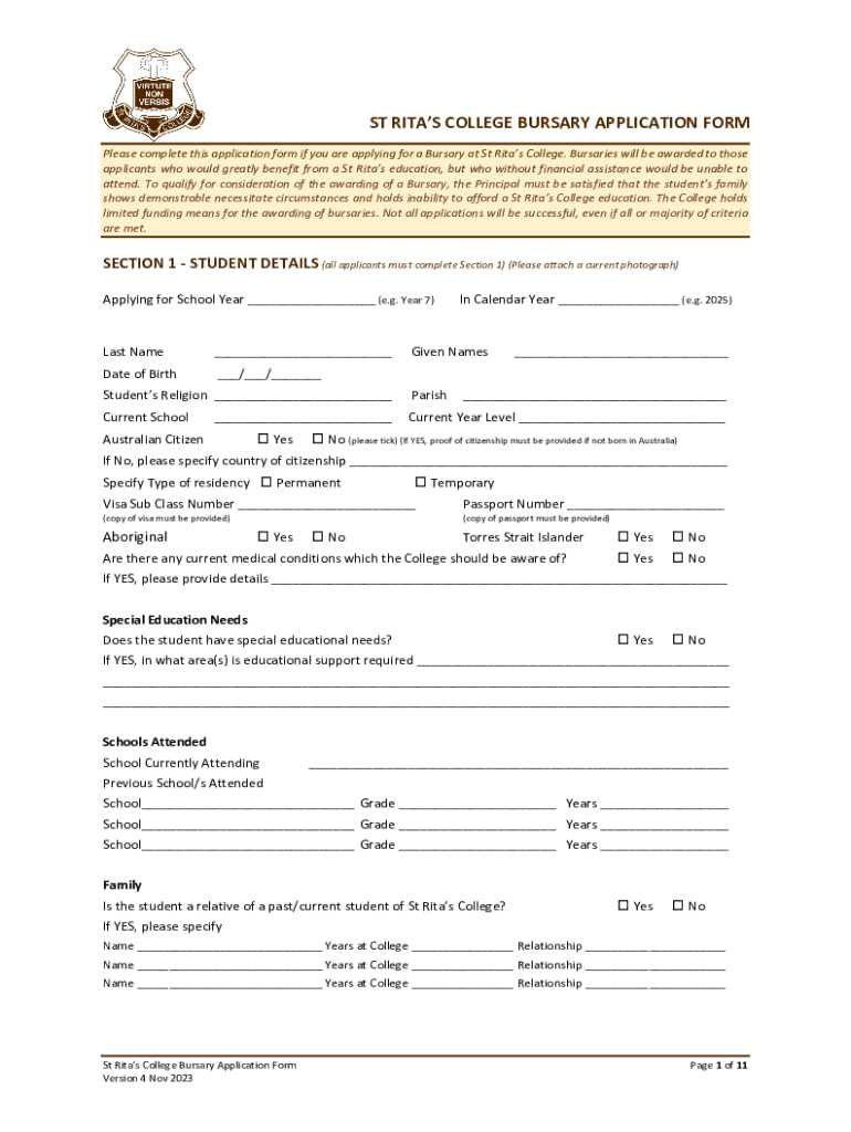 Fillable Online portal stritas qld edu ST RITA'S COLLEGE BURSARY APPLICATION FORM - Portal Fax ...