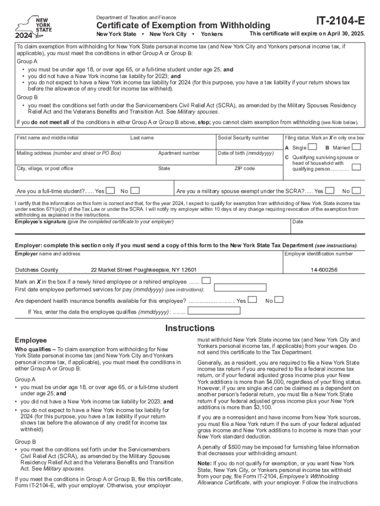 Fillable Online Form IT-2104-E Certificate of Exemption from ...