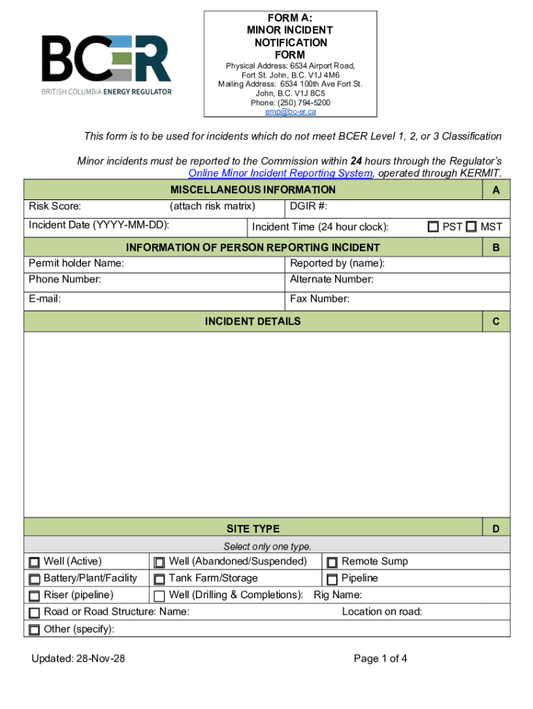 Fillable Online Form A: Minor Incident Notification Form Fax Email ...