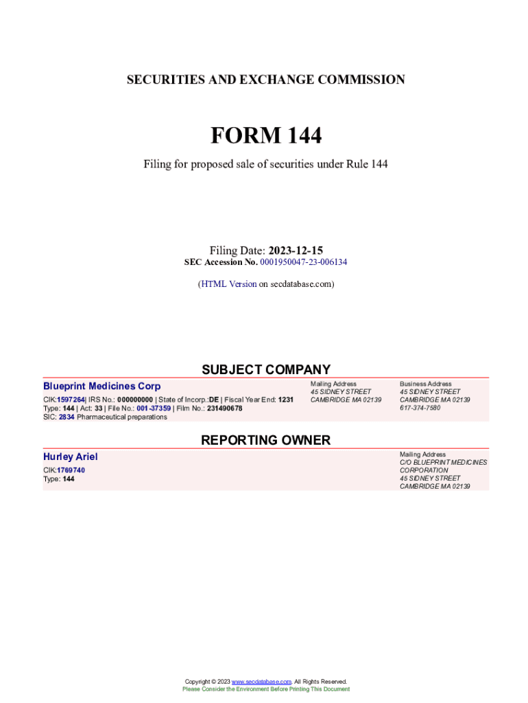 Fillable Online Blueprint Medicines Corp Form 144 Filed 2023-12-15 ...