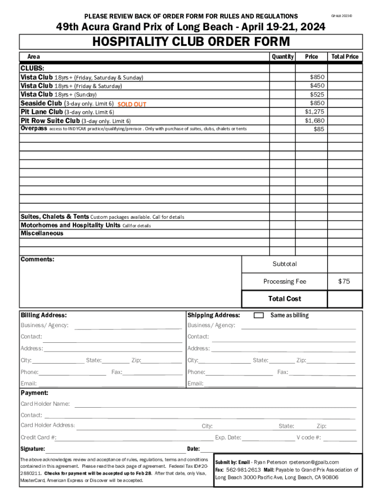Fillable Online Hospitality Order Form from Acura Grand Prix of Long ...