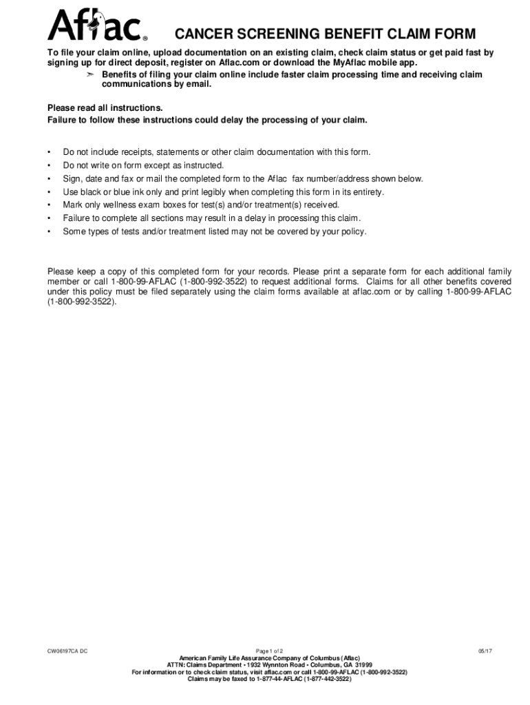 Fillable Online Aflac cancer wellness benefit claim form: Fill out ...