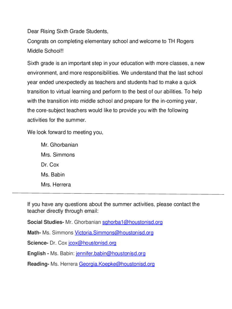 Fillable Online Dear Sixth Graders & Parents, Welcome to 6th Grade at ...