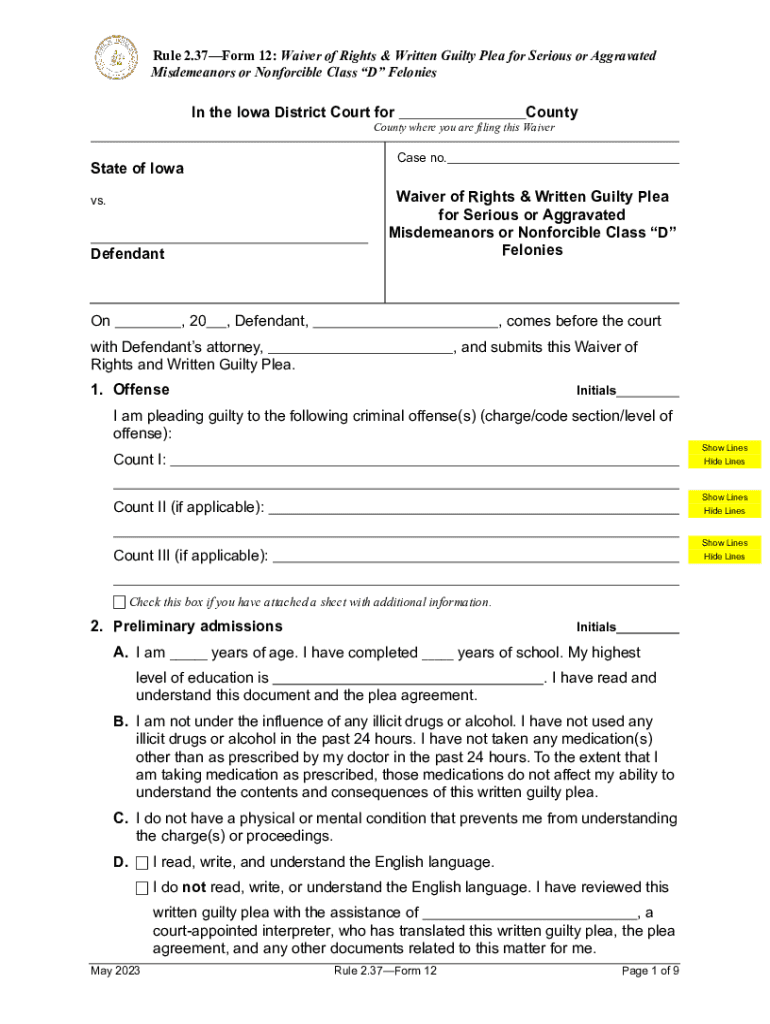 Fillable Online Rule 2.37Form 12: Waiver of Rights & Written Guilty ...