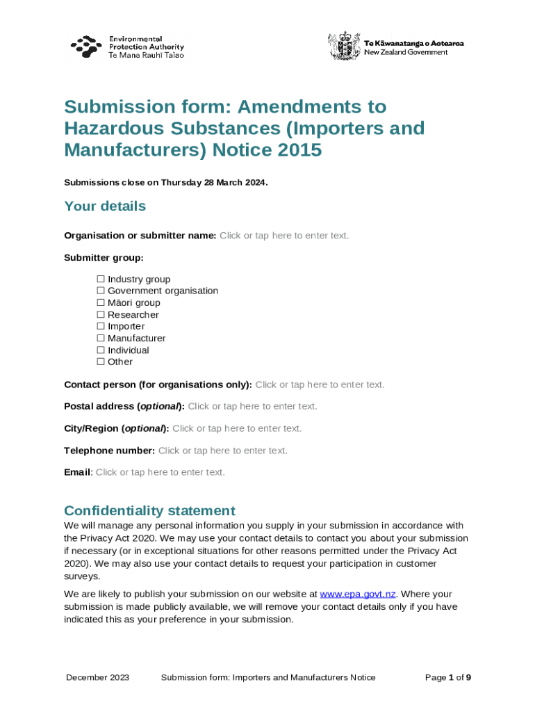 Submission : Amendments to Hazardous Substances ( ... Doc Template | pdfFiller