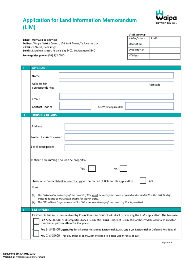 Fillable Online Land Information Memorandum (LIM) Application Request ... Fax Email Print ...