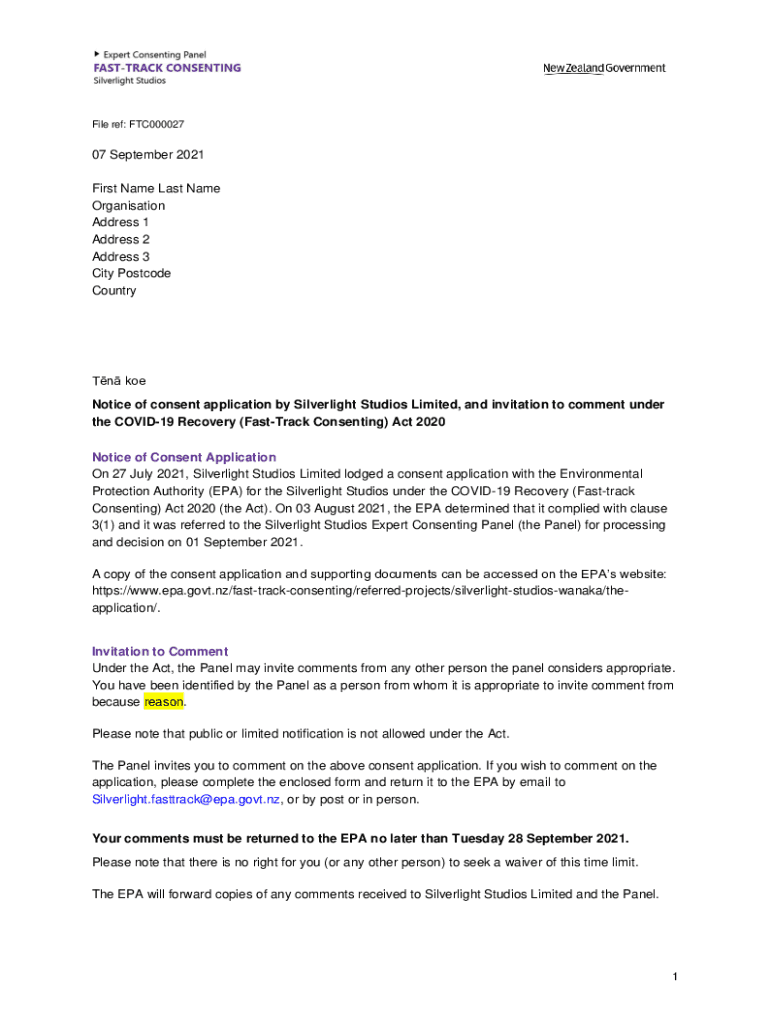 Fillable Online the COVID-19 Recovery (Fast-Track Consenting) Act 2020 ... Fillable Online the COVID-19 Recovery (Fast-Track Consenting) Act 2020 ...