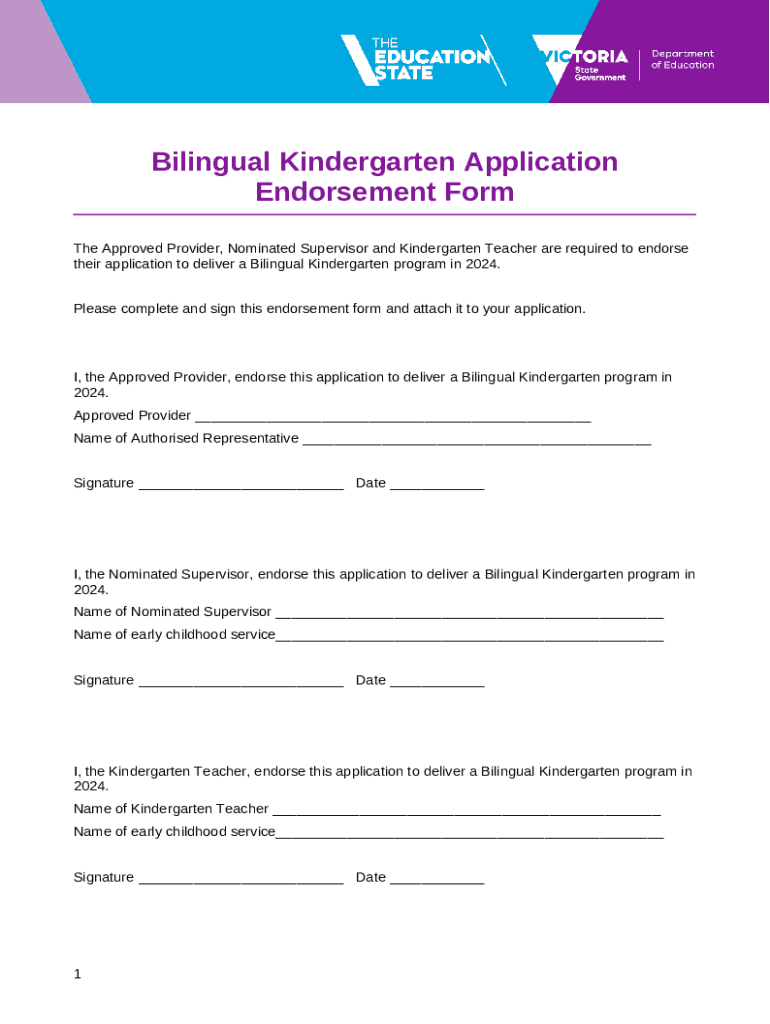 Bilingual Kindergarten Application Endorsement Doc Template | pdfFiller