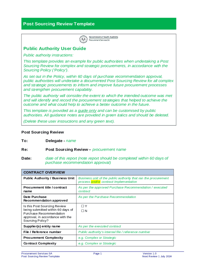 Post Sourcing Review Template Public Authority User Guide Doc Template | pdfFiller