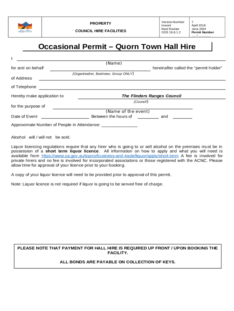 Occasional PermitQuorn Town Hall Hire Doc Template | pdfFiller